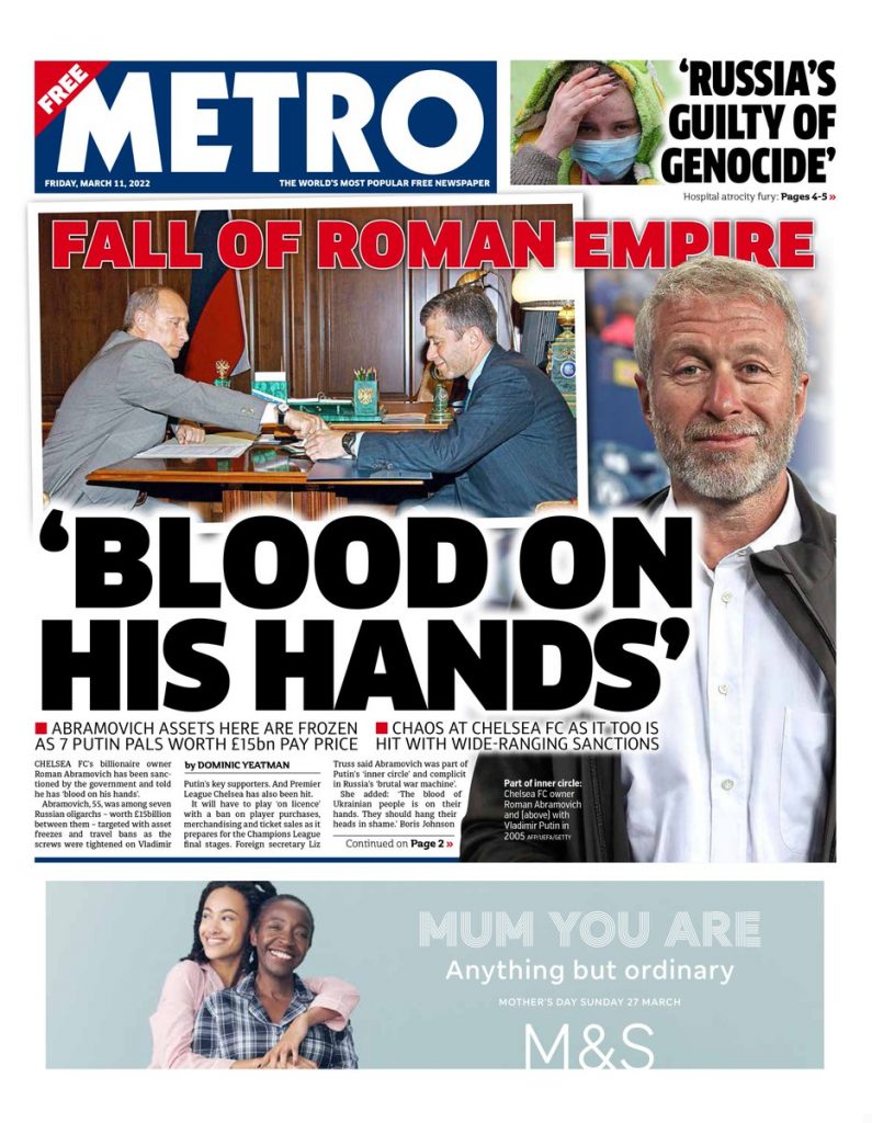 Metro Front Page 11th of March 2022 - Tomorrow's Papers Today!