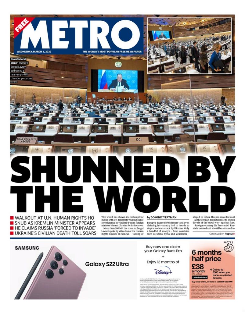 Metro Front Page 2nd of March 2022 - Tomorrow's Papers Today!