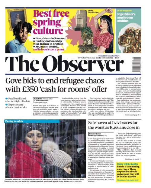 Observer Front Page 13th of March 2022 - Tomorrow's Papers Today!