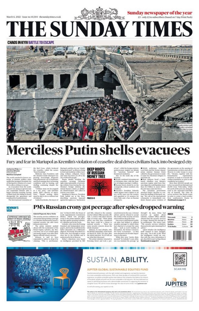 Sunday Times Front Page 6th of March 2022 - Tomorrow's Papers Today!