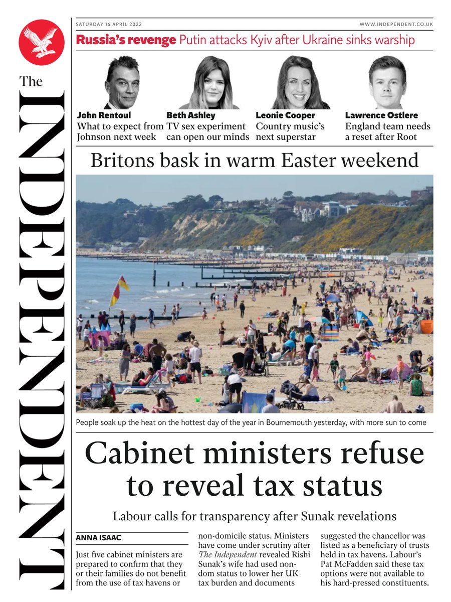 Independent Front Page 16th of April 2022 - Tomorrow's Papers Today!