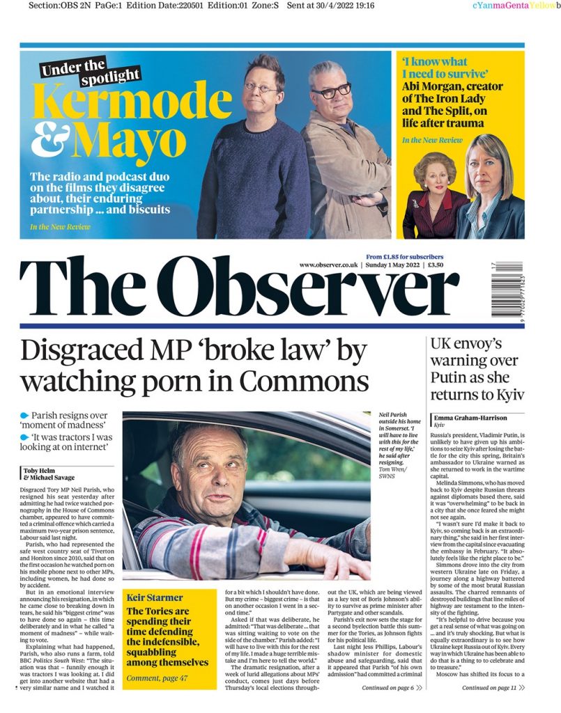 Observer Front Page 1st of May 2022 - Tomorrow's Papers Today!