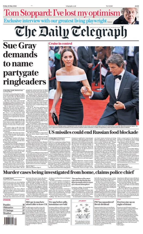 Daily Telegraph Front Page 20th of May 2022 - Tomorrow's Papers Today!