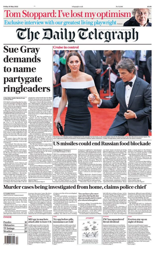 Daily Telegraph Front Page 20th of May 2022 - Tomorrow's Papers Today!