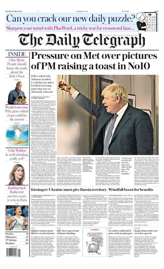 Daily Telegraph Front Page 24th of May 2022 - Tomorrow's Papers Today!