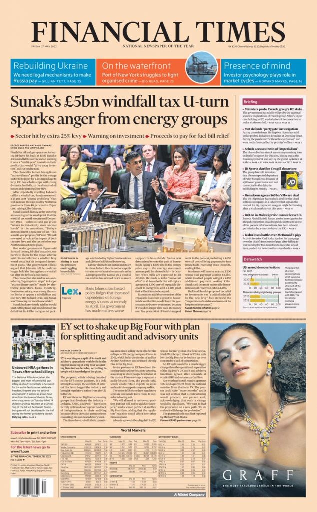Financial Times Front Page 27th of May 2022 - Tomorrow's Papers Today!