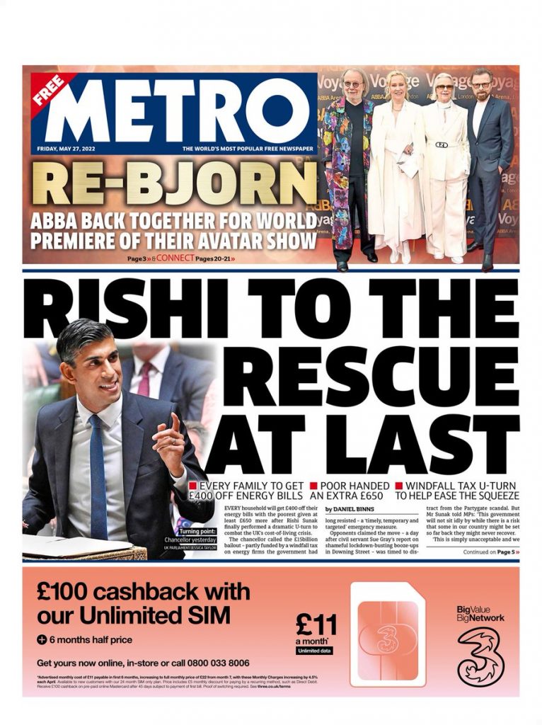 Metro Front Page 27th of May 2022 - Tomorrow's Papers Today!