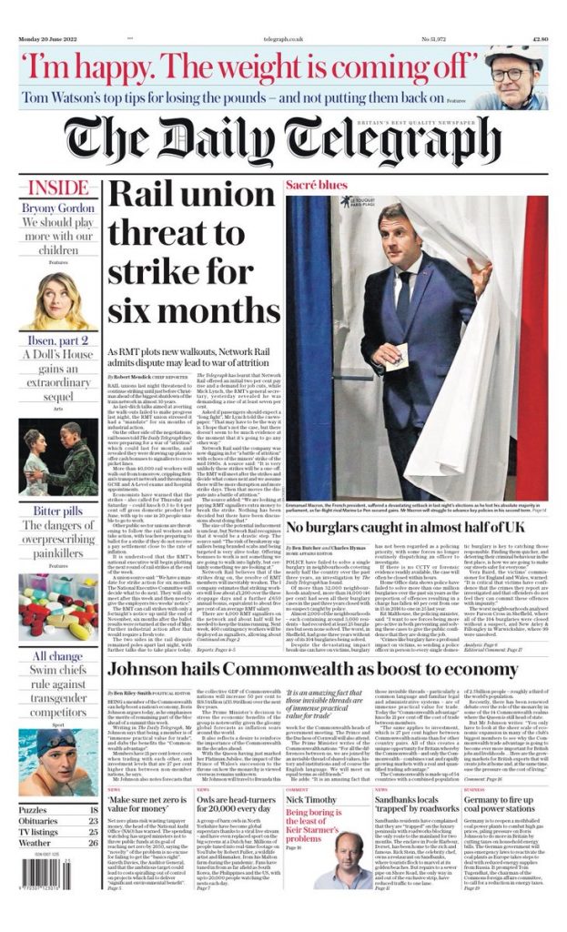 Daily Telegraph Front Page 20th of June 2022 - Tomorrow's Papers Today!