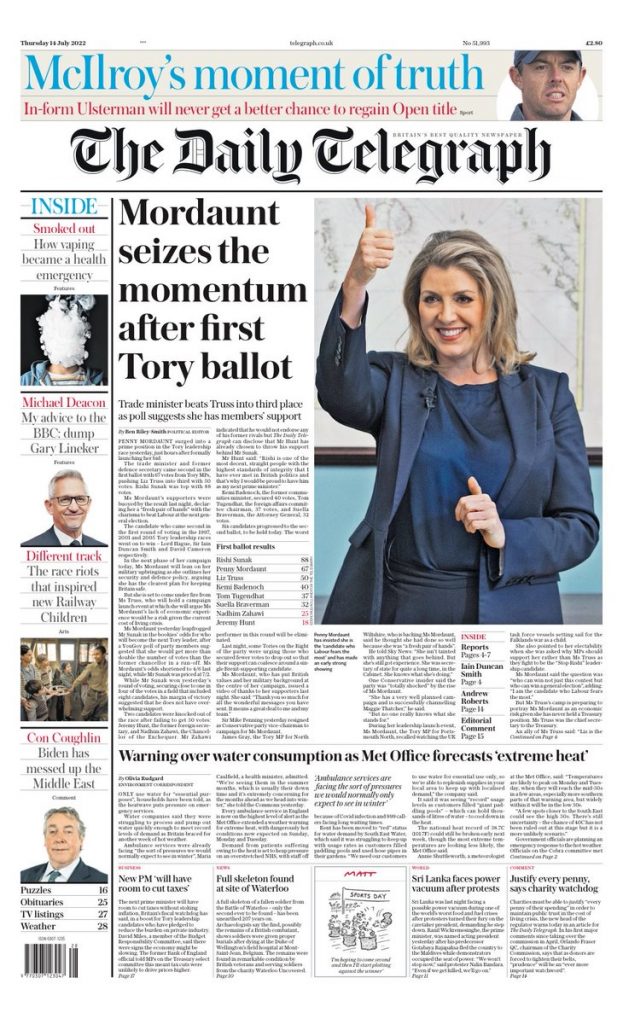 Daily Telegraph Front Page 14th of July 2022 - Tomorrow's Papers Today!