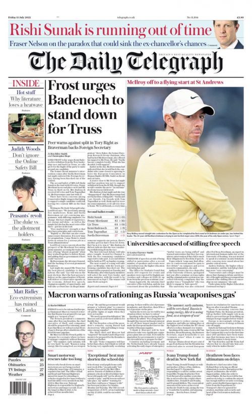 Daily Telegraph Front Page 15th of July 2022 - Tomorrow's Papers Today!