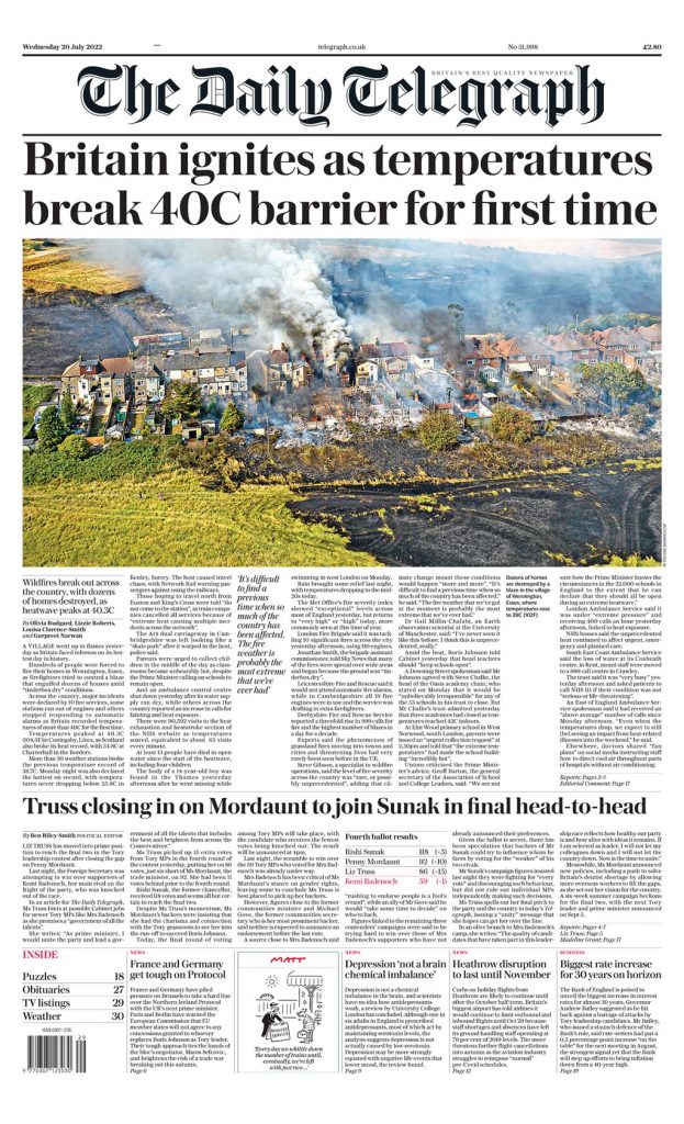 Daily Telegraph Front Page 20th of July 2022 - Tomorrow's Papers Today!
