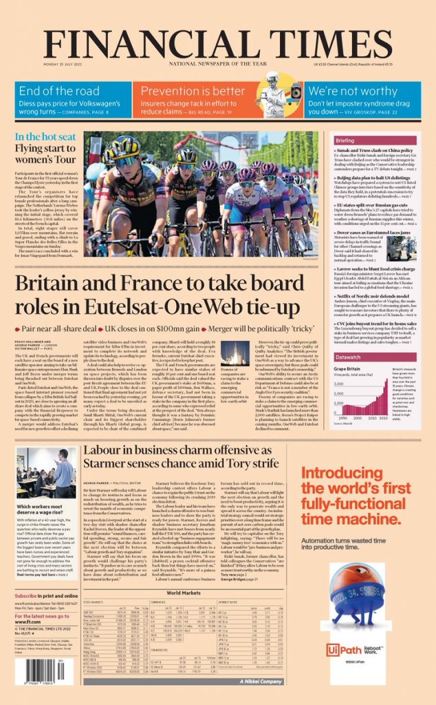 Financial Times Front Page 25th of July 2022 - Tomorrow's Papers Today!
