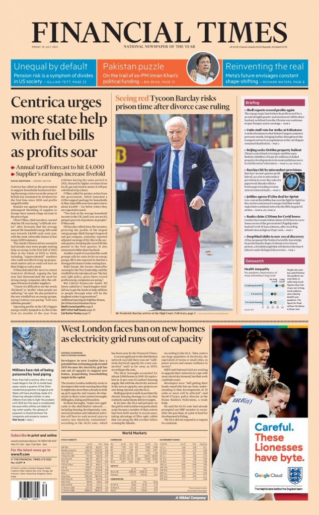 Financial Times Front Page 29th of July 2022 - Tomorrow's Papers Today!