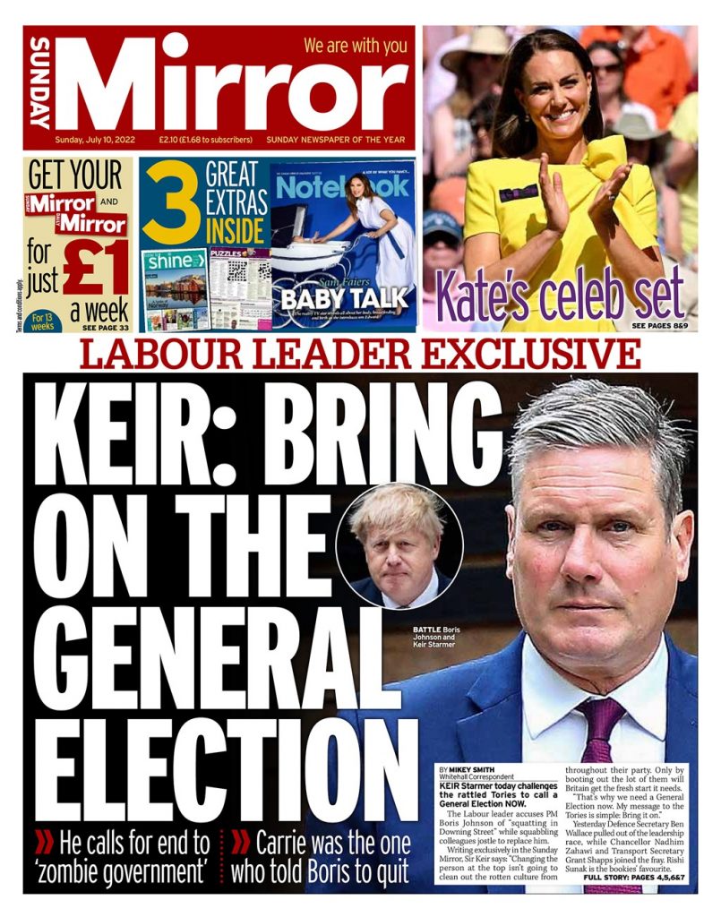 Sunday Mirror Front Page 10th of July 2022 - Tomorrow's Papers Today!