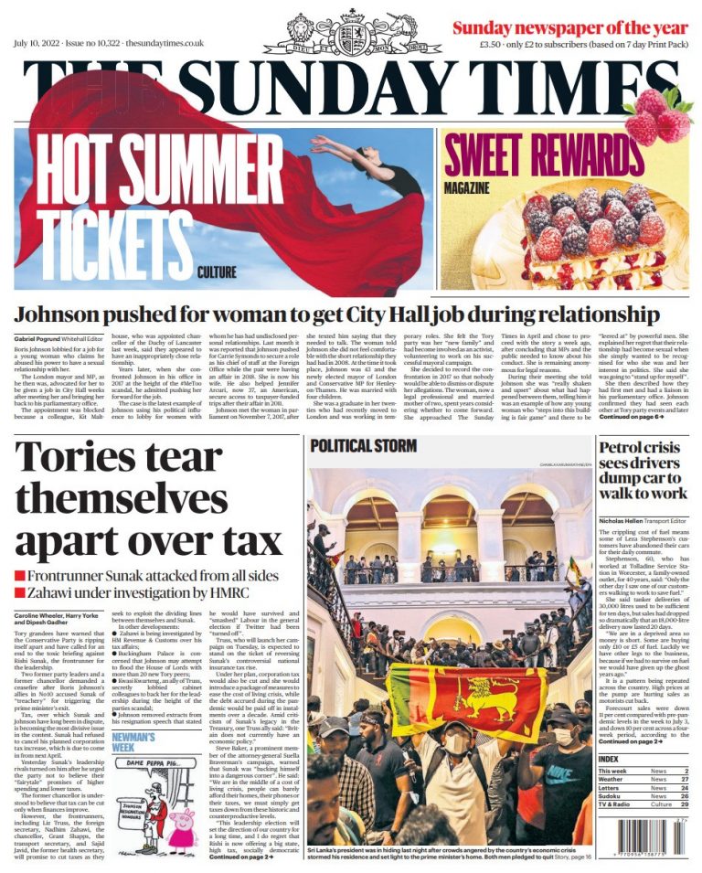 Sunday Times Front Page 10th of July 2022 - Tomorrow's Papers Today!
