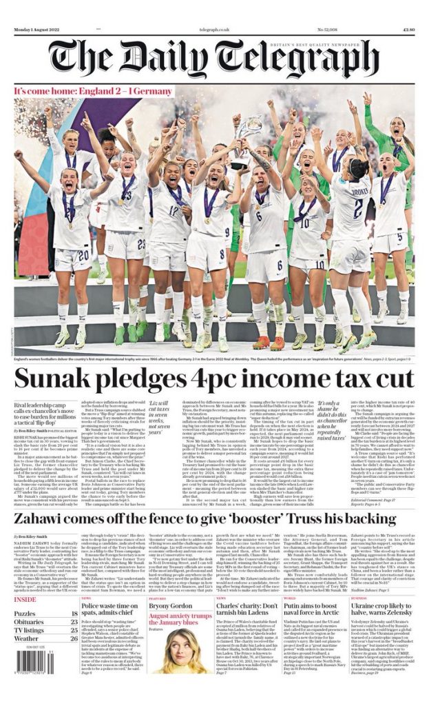 Daily Telegraph Front Page 1st of August 2022 - Tomorrow's Papers Today!