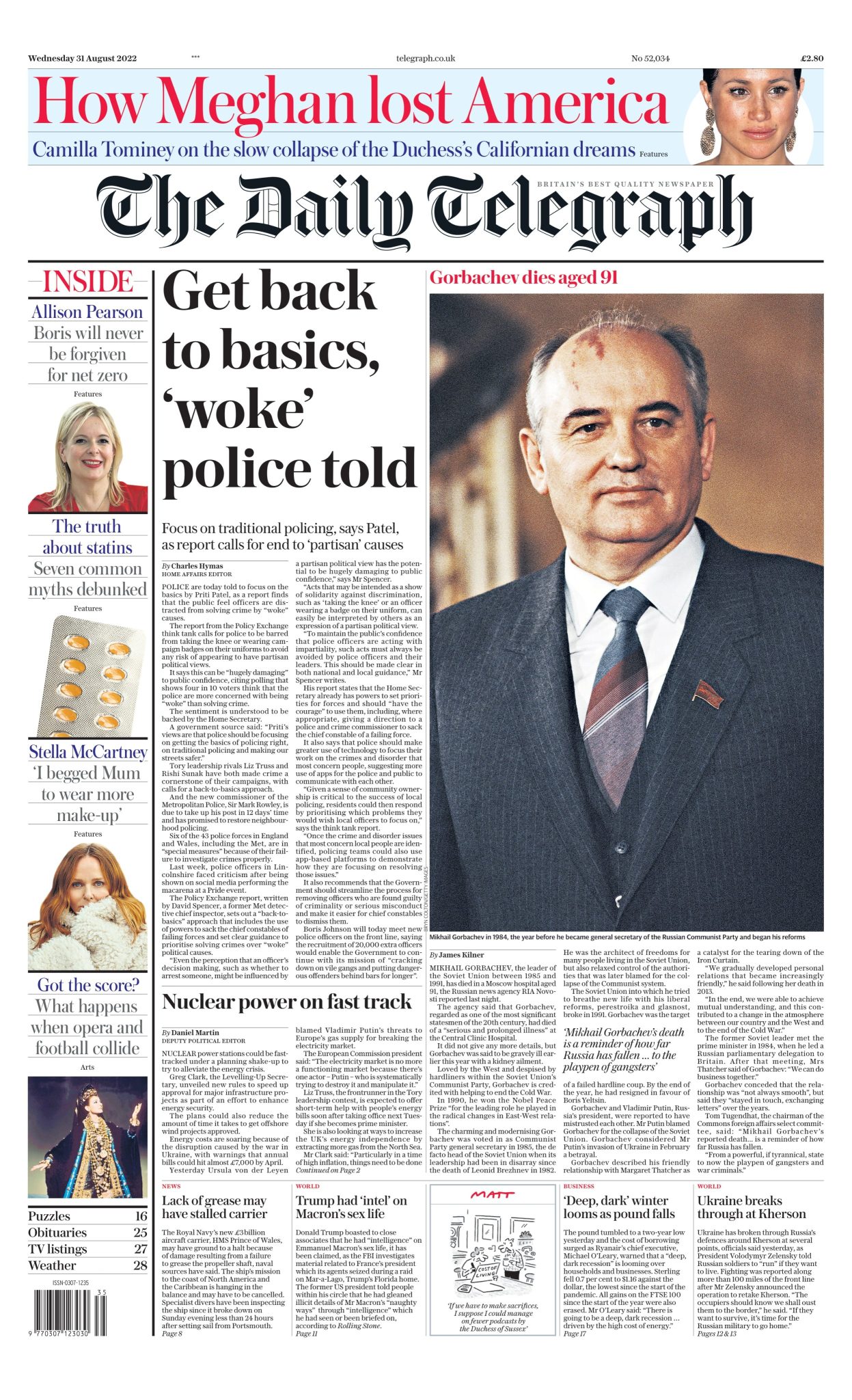 Daily Telegraph Front Page 31st of August 2022 - Tomorrow's Papers Today!