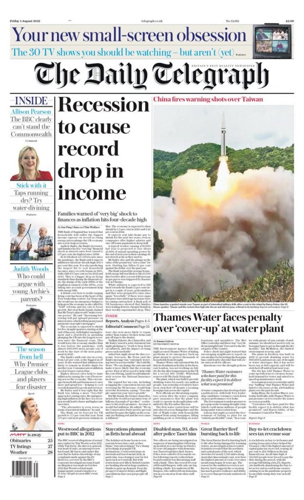 Daily Telegraph Front Page 5th of August 2022 - Tomorrow's Papers Today!