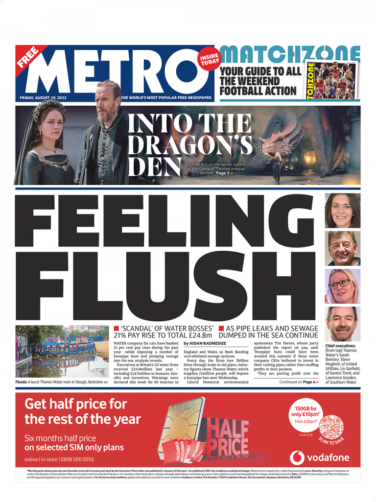 Metro Front Page 19th of August 2022 - Tomorrow's Papers Today!