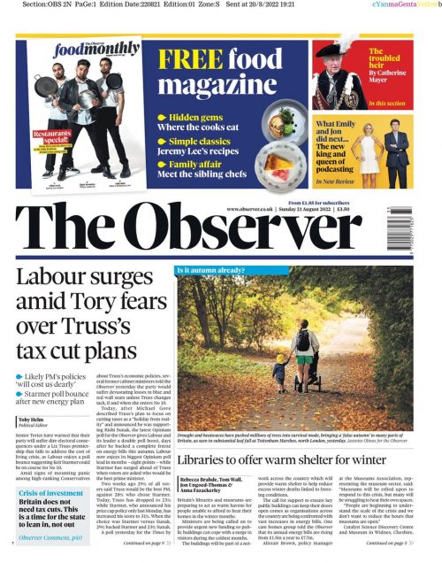 Observer Front Page 21st of August 2022 - Tomorrow's Papers Today!