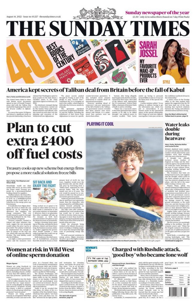 Sunday Times Front Page 14th of August 2022 - Tomorrow's Papers Today!