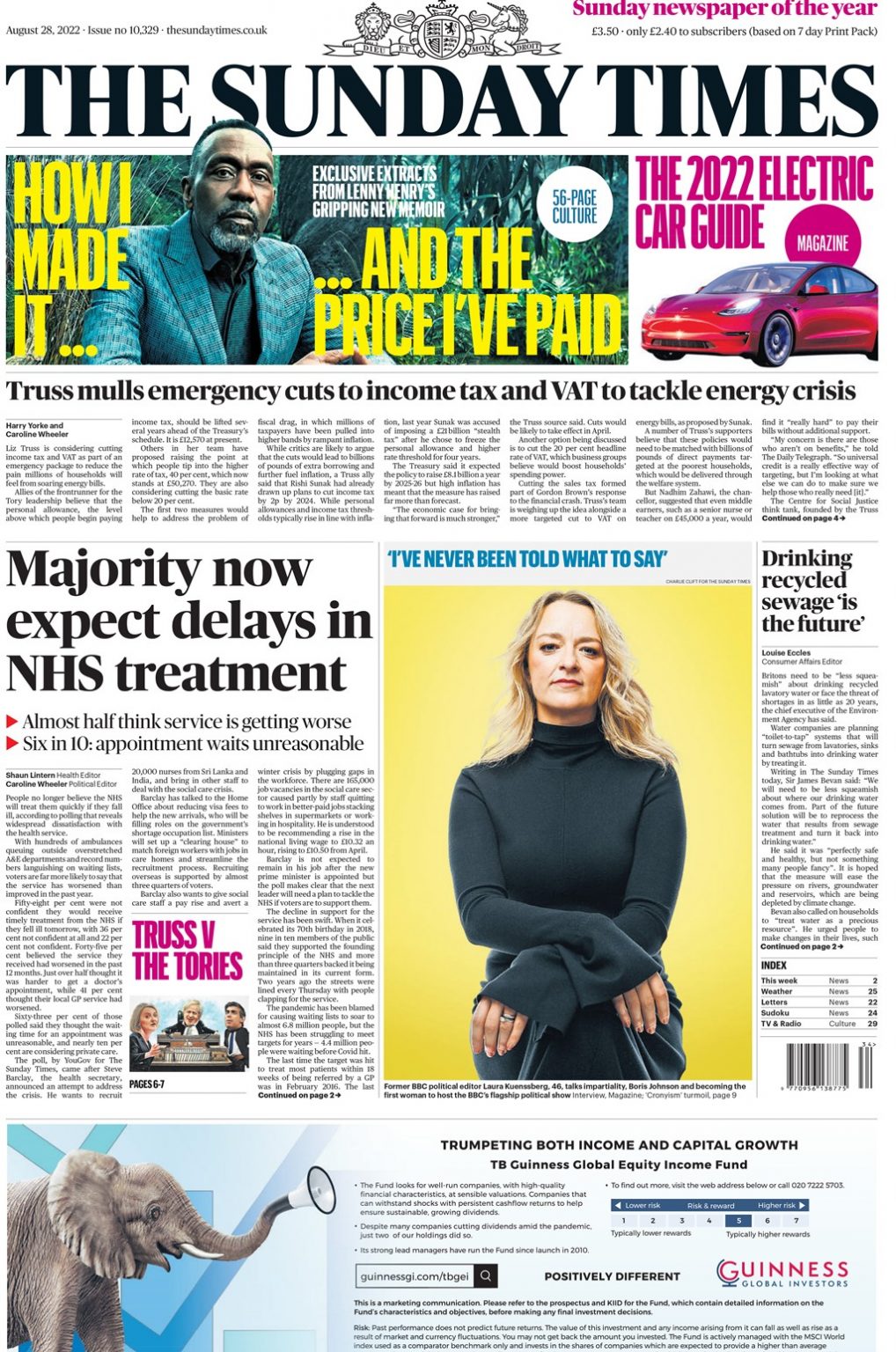 Sunday Times Front Page 28th of August 2022 - Tomorrow's Papers Today!