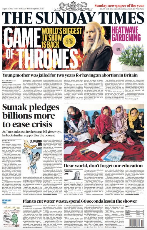 Sunday Times Front Page 7th of August 2022 - Tomorrow's Papers Today!