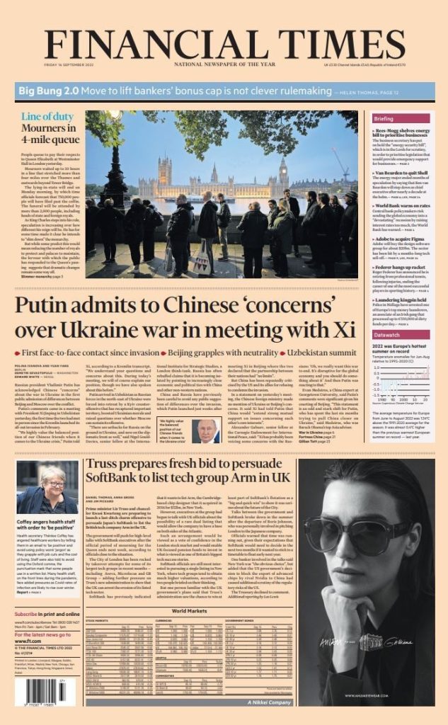 Financial Times Front Page 16th of September 2022 - Tomorrow's Papers ...