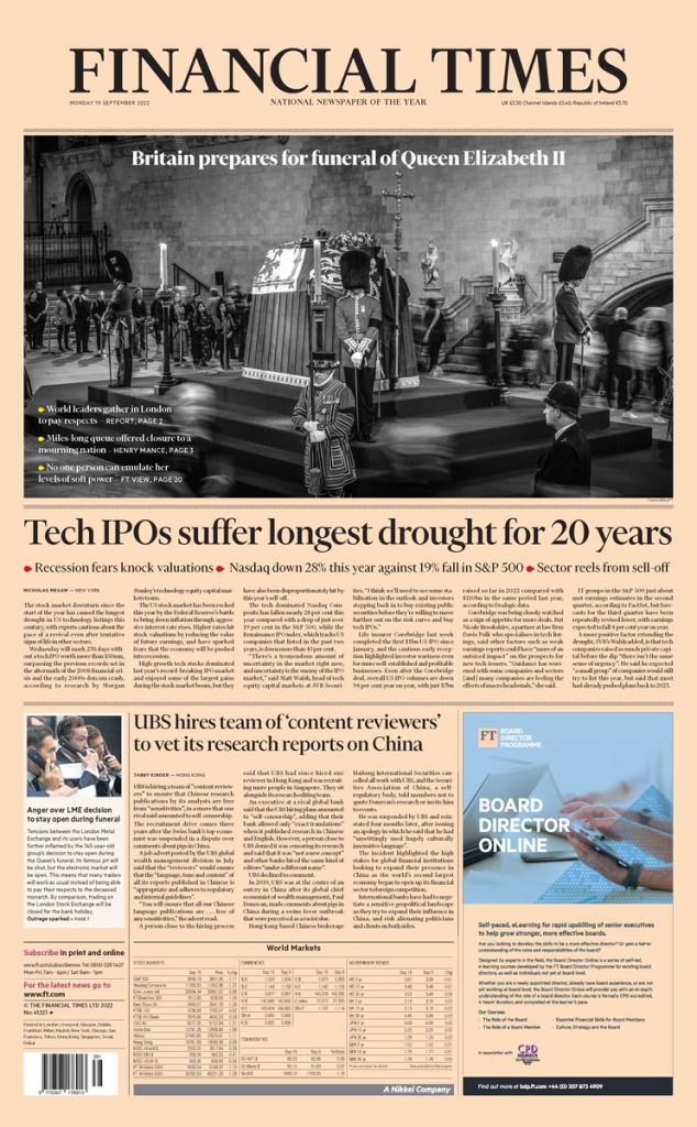 Financial Times Front Page 19th of September 2022 - Tomorrow's Papers ...