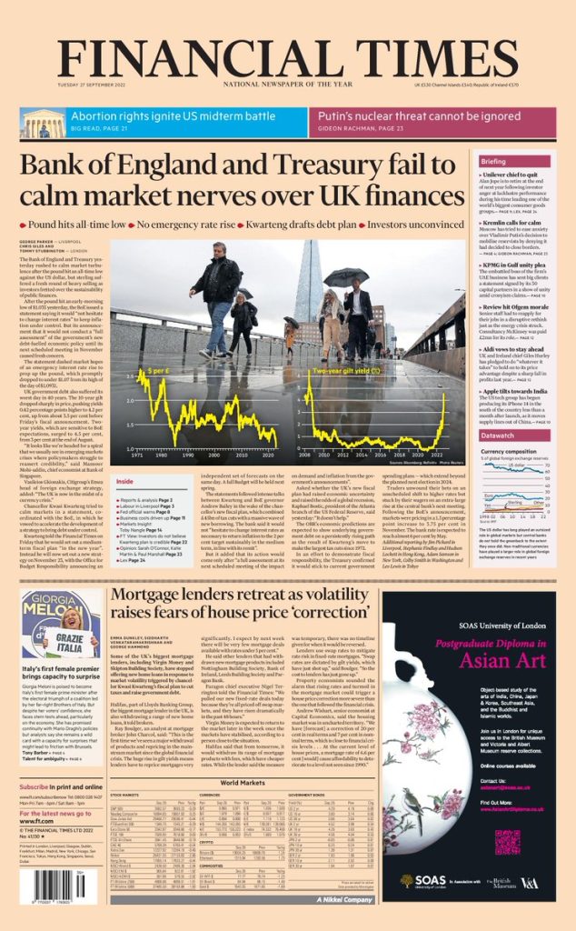 Financial Times Front Page 27th of September 2022 - Tomorrow's Papers ...