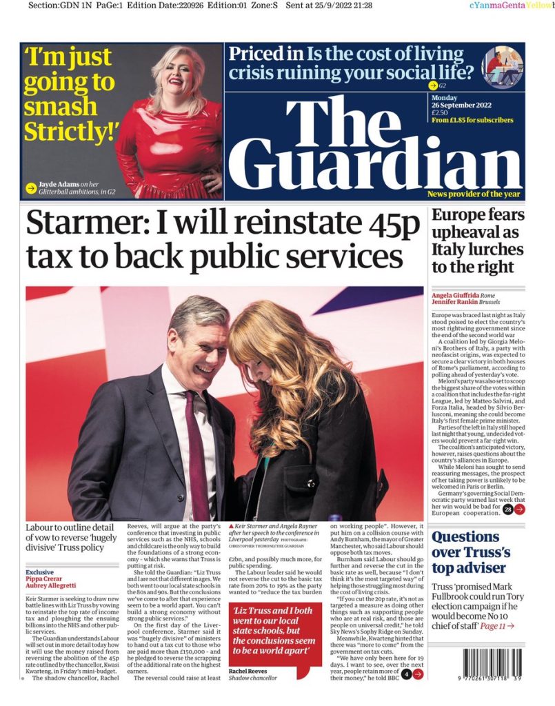 Guardian Front Page 26th of September 2022 - Tomorrow's Papers Today!