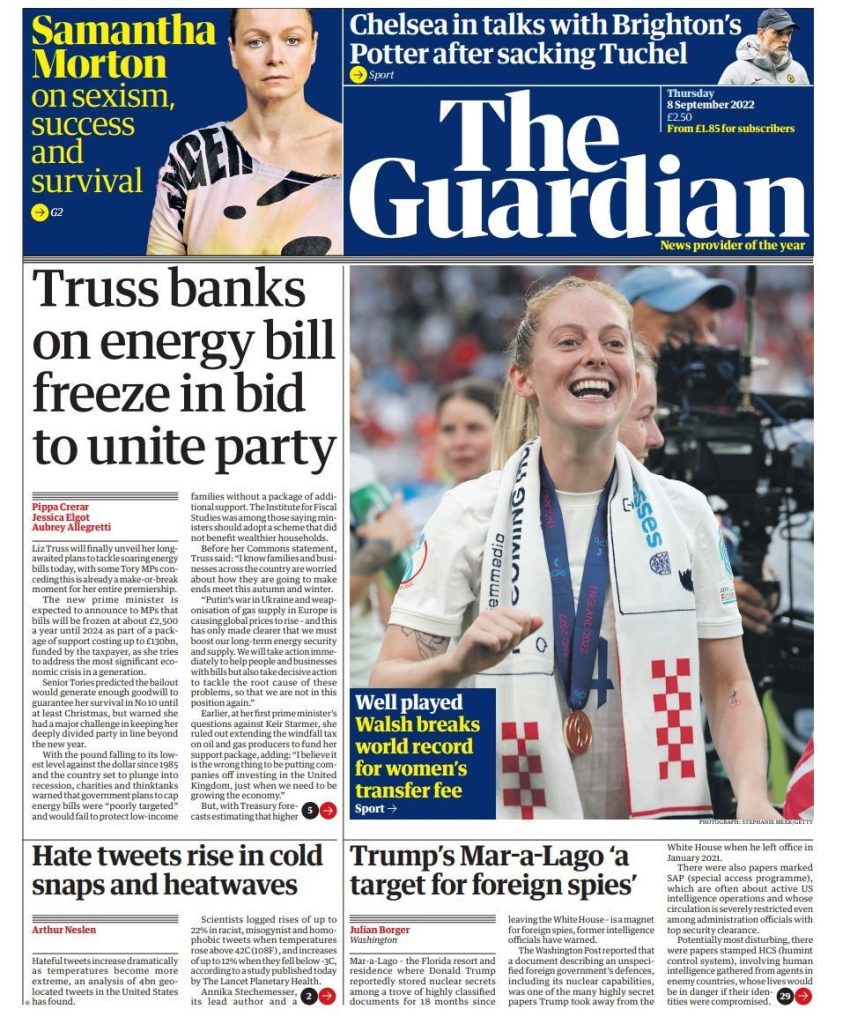 Guardian Front Page 8th of September 2022 - Tomorrow's Papers Today!