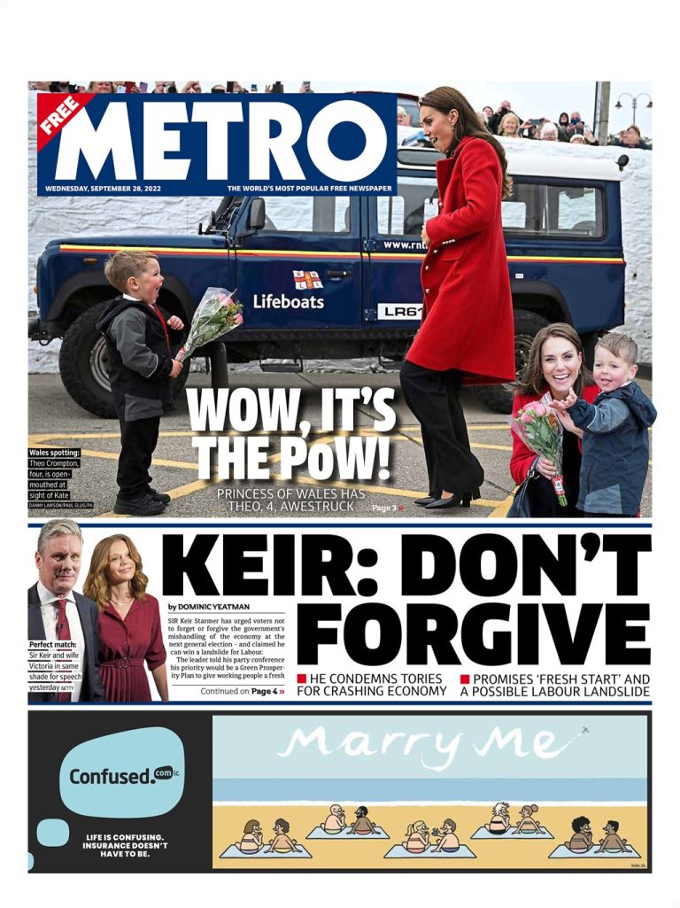 Metro Front Page 28th of September 2022 - Tomorrow's Papers Today!