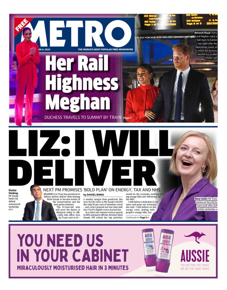 Metro Front Page 6th of September 2022 - Tomorrow's Papers Today!