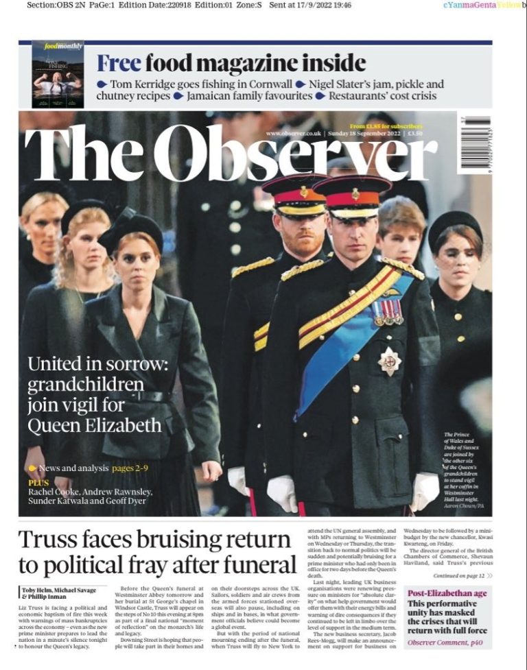 Observer Front Page 18th of September 2022 - Tomorrow's Papers Today!