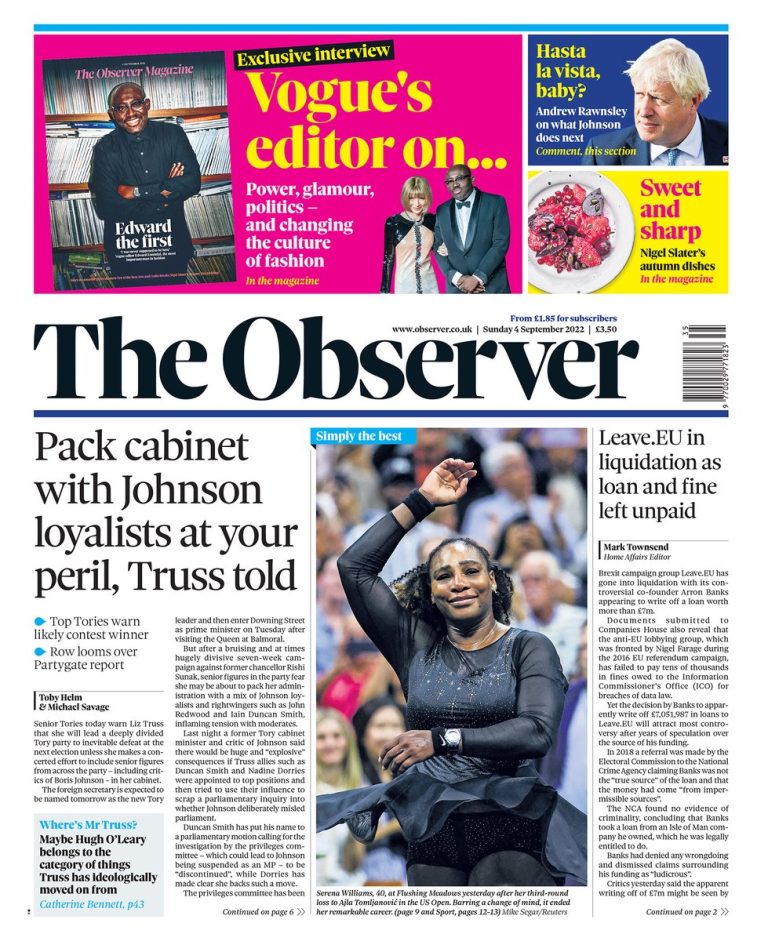 Observer Front Page 4th of September 2022 - Tomorrow's Papers Today!