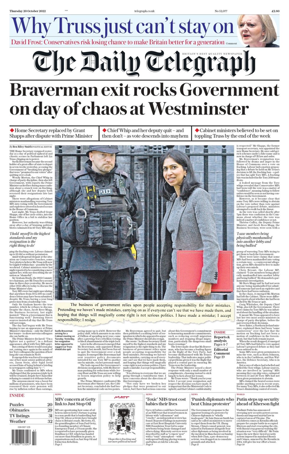 Daily Telegraph Front Page 20th of October 2022 - Tomorrow's Papers Today!