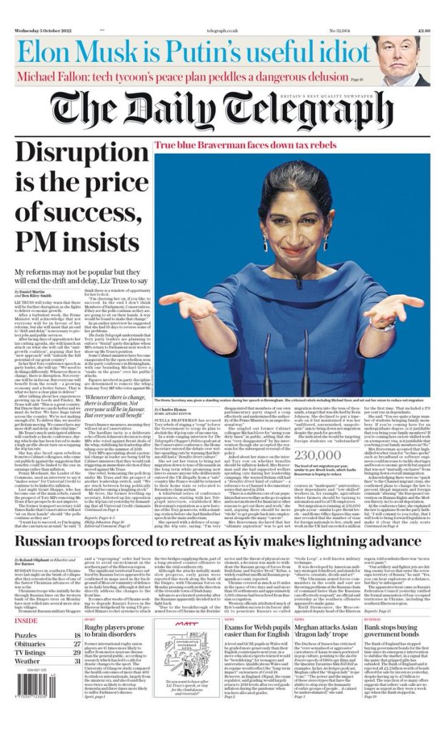 Daily Telegraph Front Page 5th of October 2022 - Tomorrow's Papers Today!