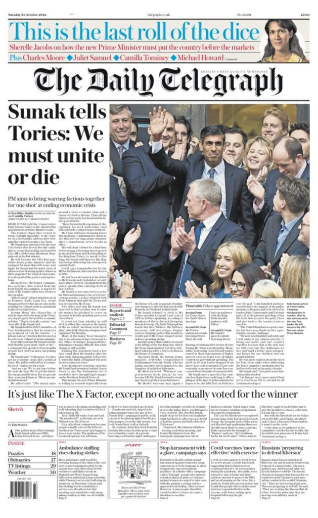 Daily Telegraph Front Page 25th of October 2022 - Tomorrow's Papers Today!