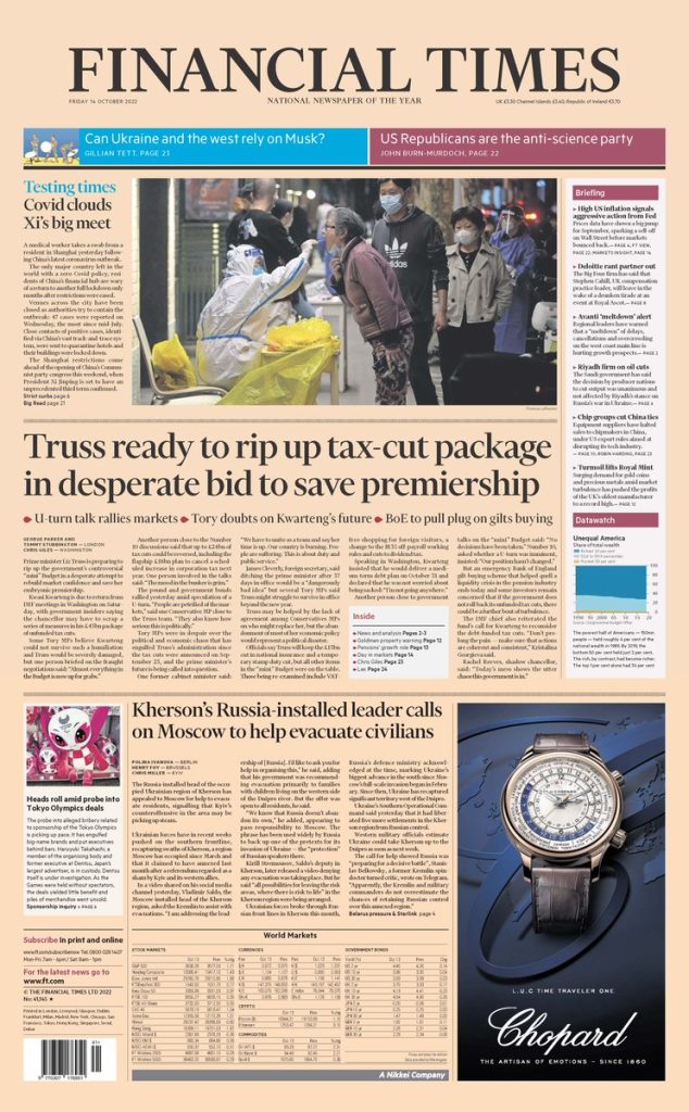 Financial Times Front Page 14th of October 2022 - Tomorrow's Papers Today!