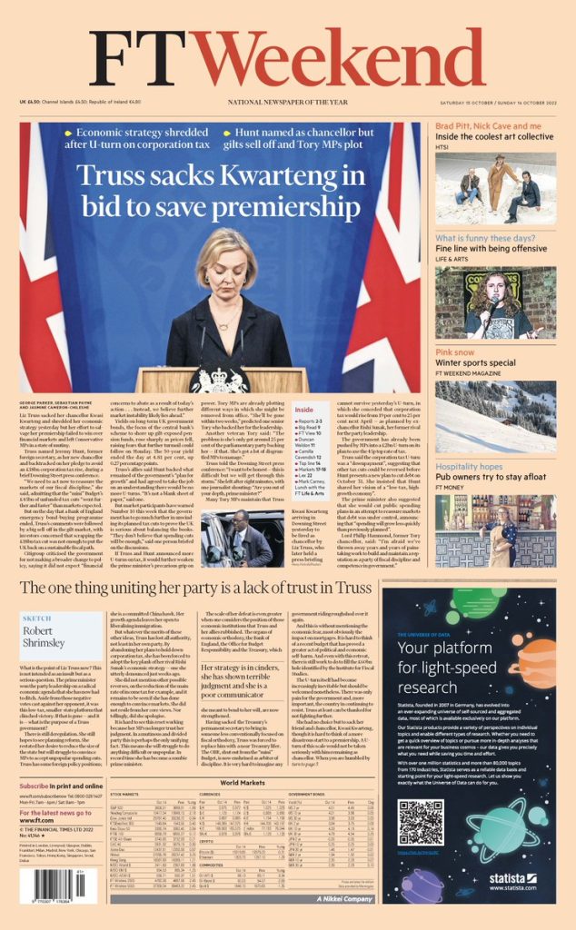 Financial Times Front Page 15th of October 2022 - Tomorrow's Papers Today!