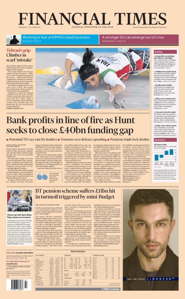 Financial Times Front Page 19th of October 2022 - Tomorrow's Papers Today!