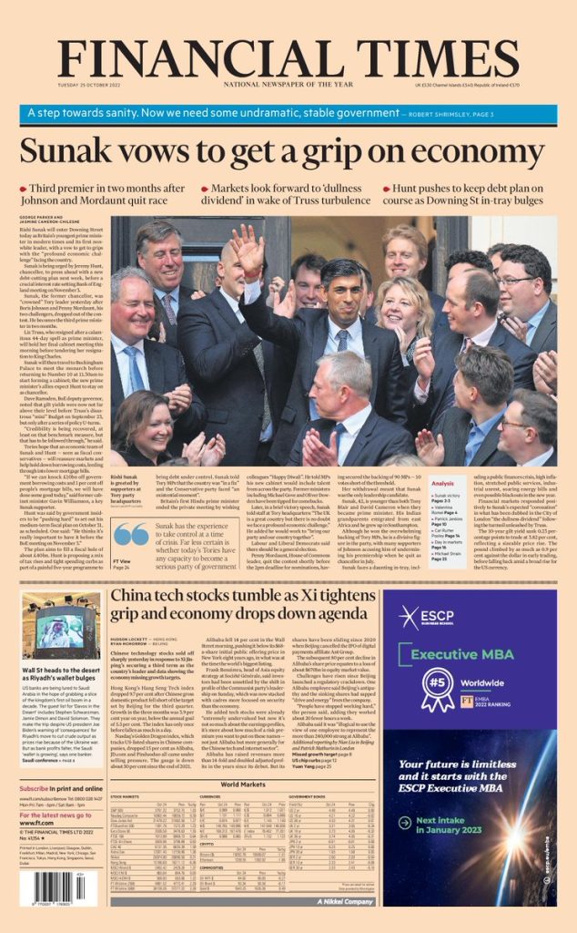 Financial Times Front Page 25th of October 2022 - Tomorrow's Papers Today!