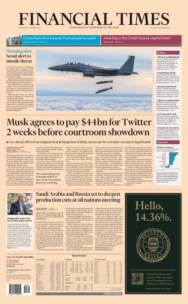 Financial Times Front Page 5th of October 2022 - Tomorrow's Papers Today!