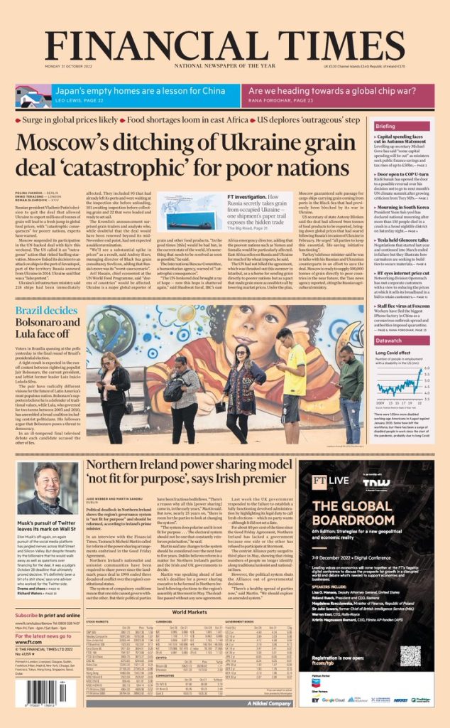 Financial Times Front Page 31st of October 2022 - Tomorrow's Papers Today!