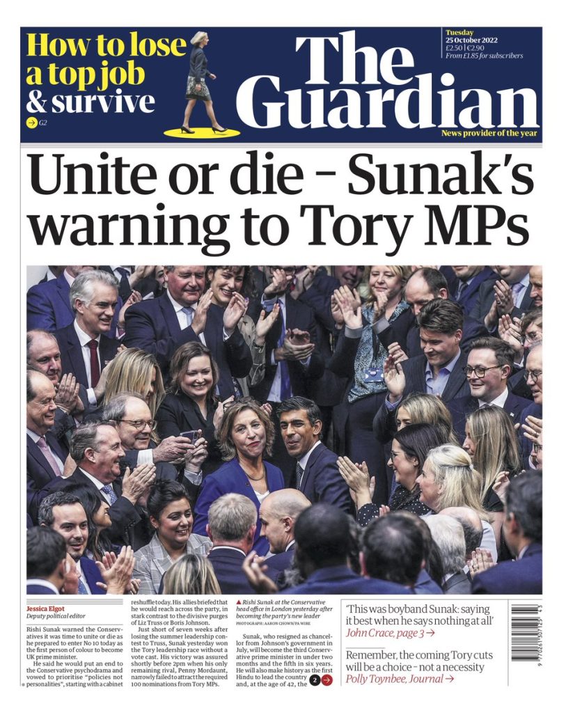 Guardian Front Page 25th of October 2022 - Tomorrow's Papers Today!