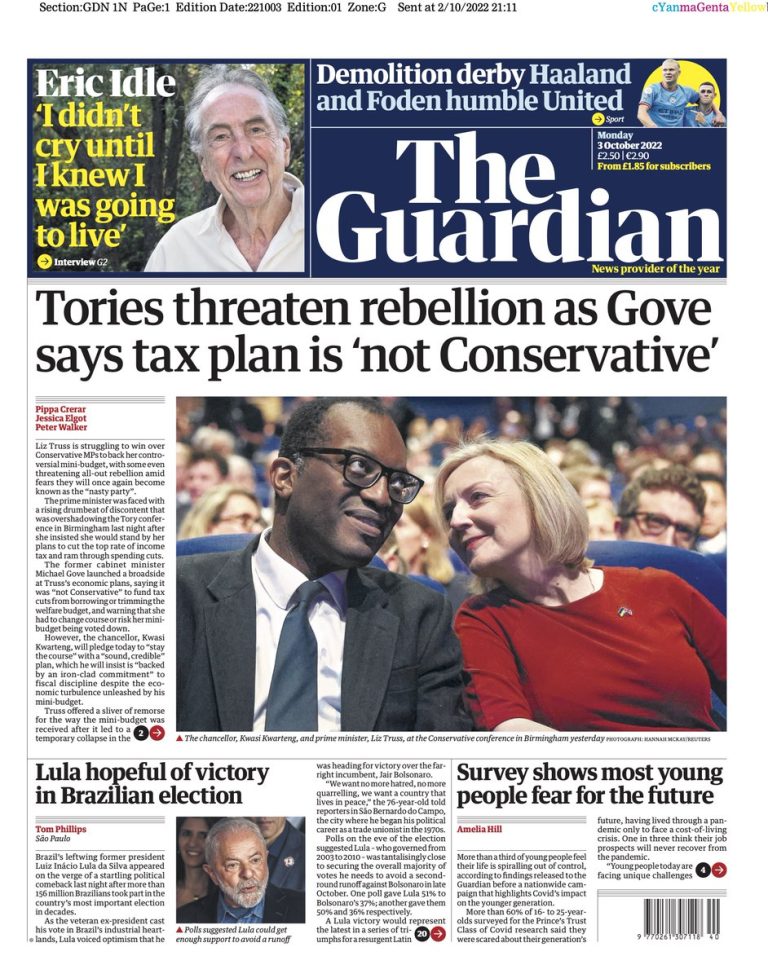 Guardian Front Page 3rd of October 2022 - Tomorrow's Papers Today!
