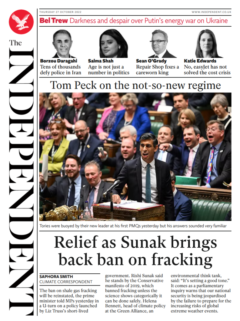 Independent Front Page 27th of October 2022 - Tomorrow's Papers Today!