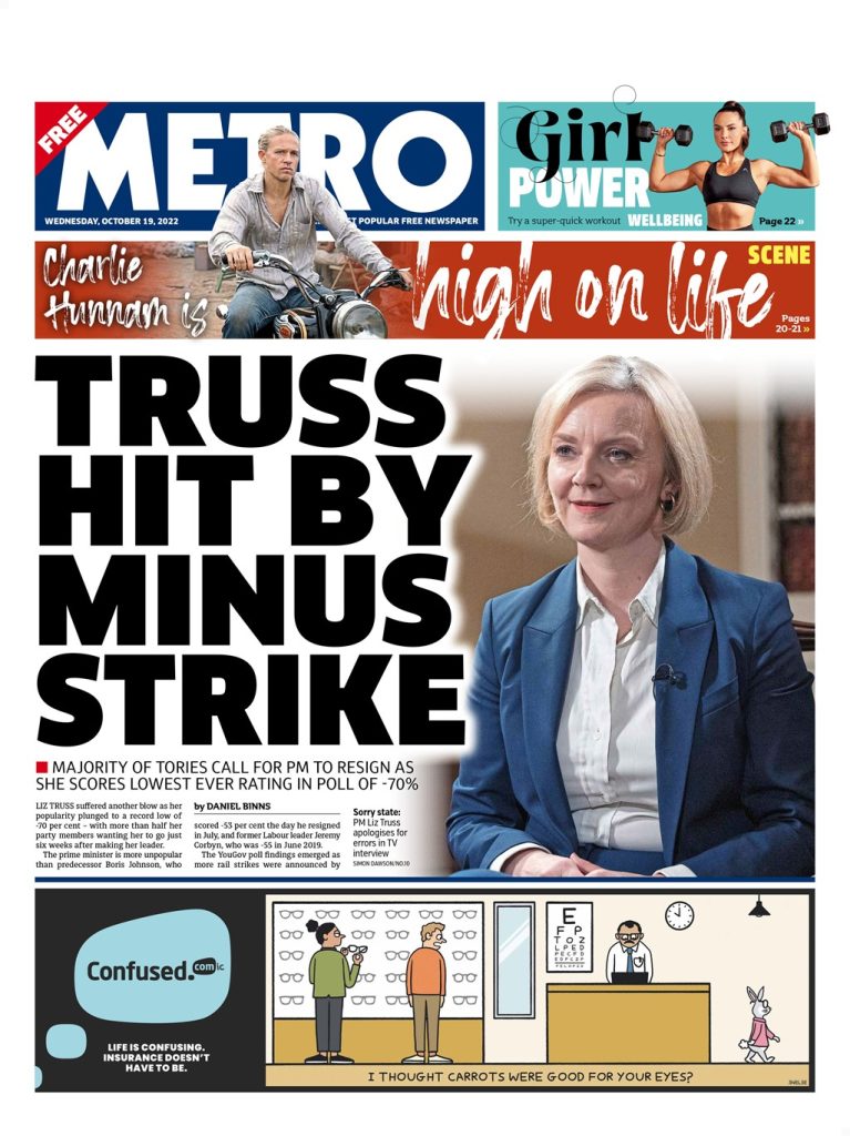 Metro Front Page 19th of October 2022 - Tomorrow's Papers Today!
