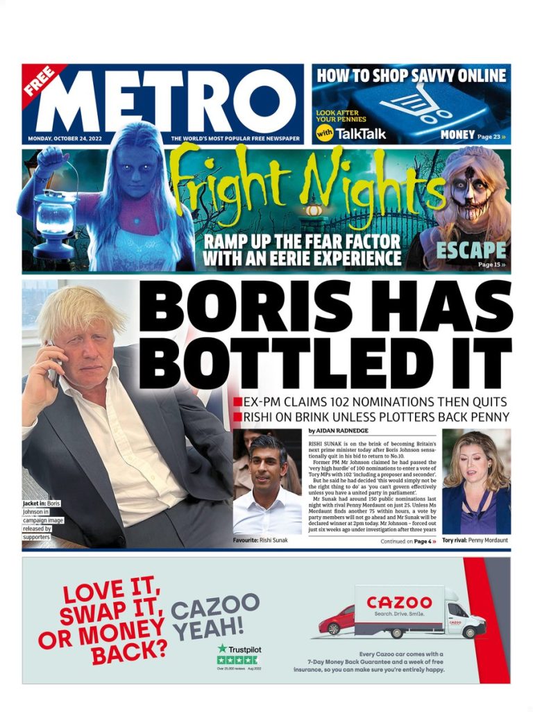 Metro Front Page 24th of October 2022 - Tomorrow's Papers Today!